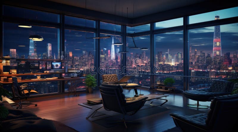 City Modern Office, Large Floor To Ceiling Windows in Front of the City ...