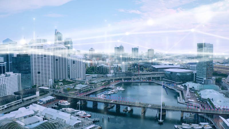 City, Network Overlay and Buildings, Drone and 3d Animation of Internet ...