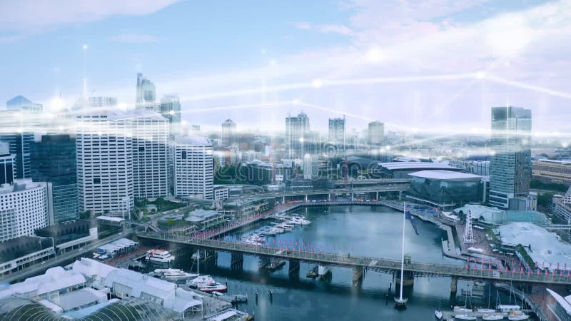 City, Network Overlay and Buildings, Drone and 3d Animation of Internet ...