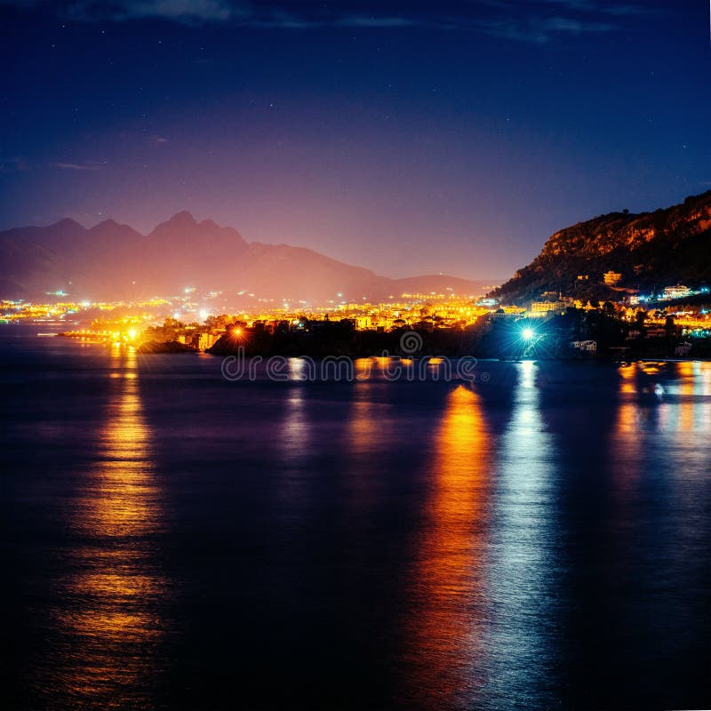 City with a Night on the Beach. Sicily. Italy. Europe Stock Photo ...