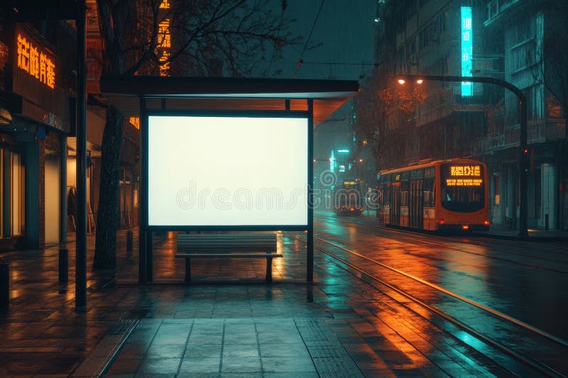 In a City at Night, a Bus Stop is Equipped with a Mock Up of a Blank ...