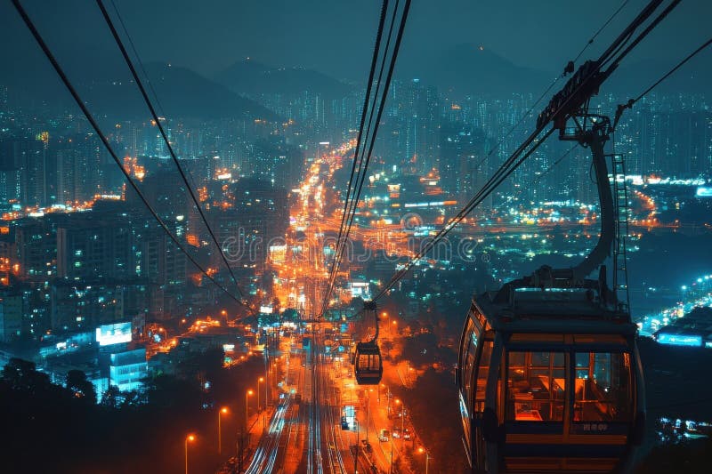 A City at Night with a Cable Car Going Up a Mountain Stock Photo ...
