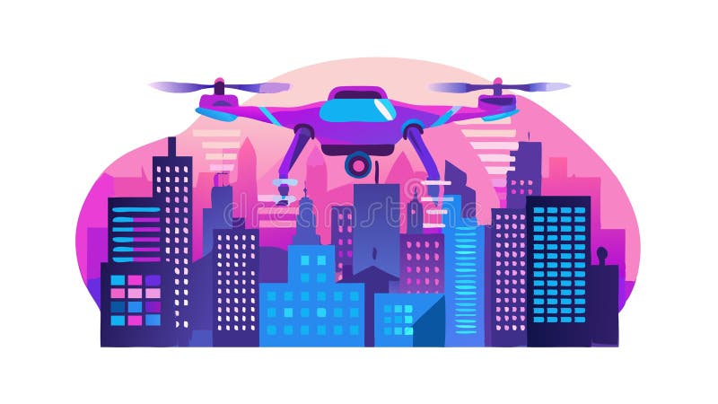 City at Night with Drones, Symbolizing Urban Surveillance, Vector ...
