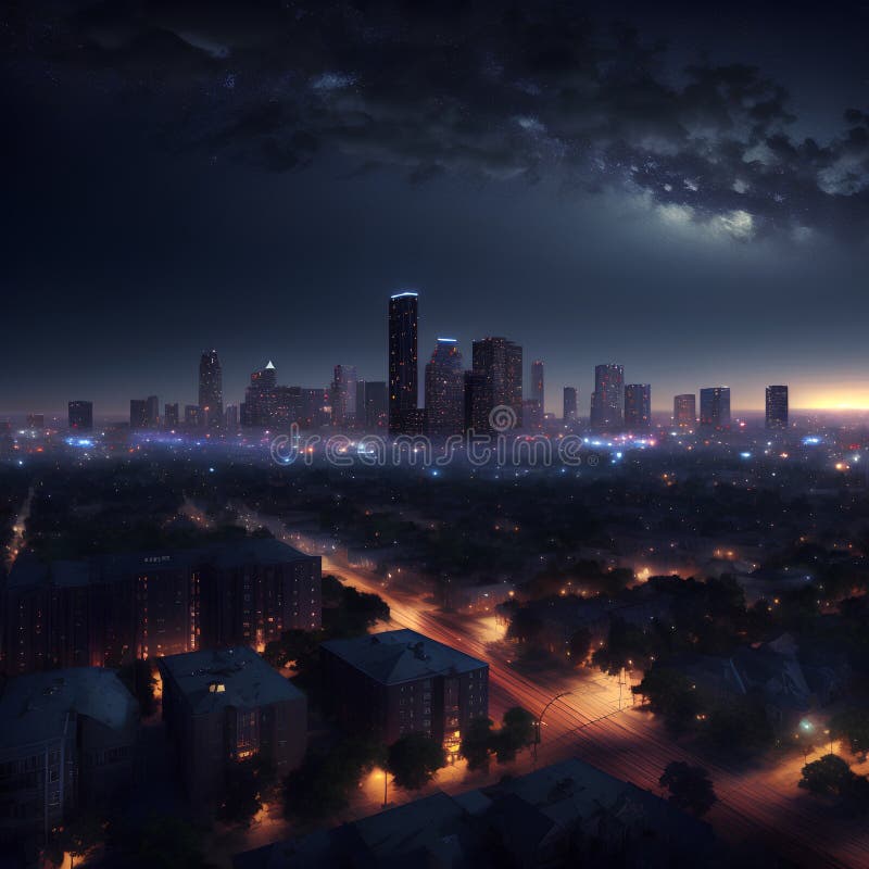 City at Night with Fog and Clouds, 3d Render Illustration. Stock Image ...