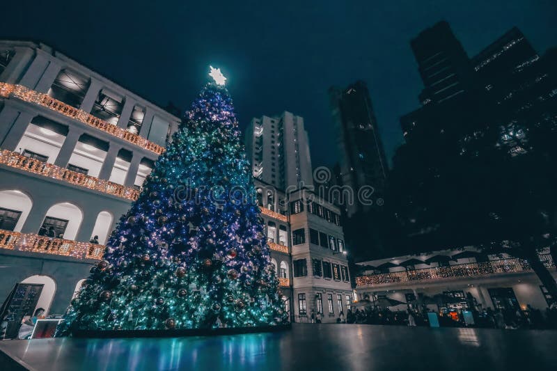 City at Night with Illuminated Christmas Tree and Decorations Dec 27 ...