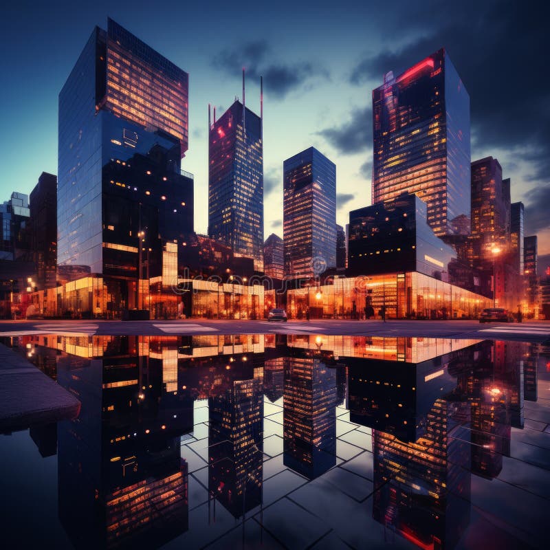 A City at Night with Skyscrapers Reflected in a Puddle Stock ...