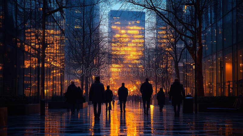 City Night Stroll, Wet Pavement, Skyscraper Glow, Urban Commuters Stock ...