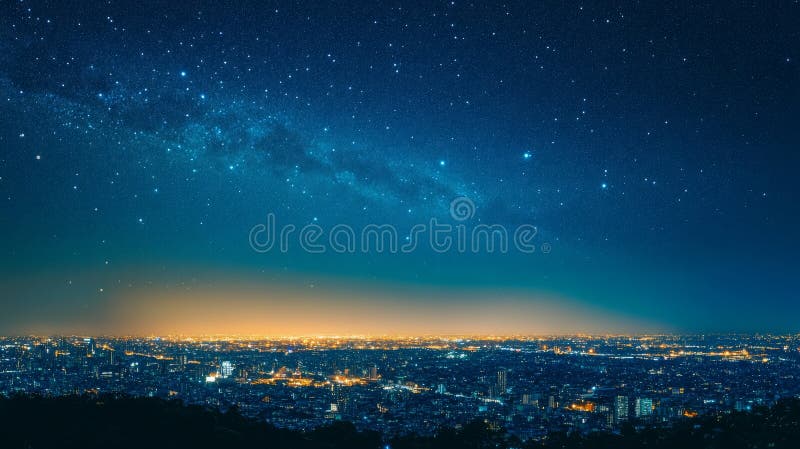 City Night View with a Milky Way Filled with Stars Stock Photo - Image ...