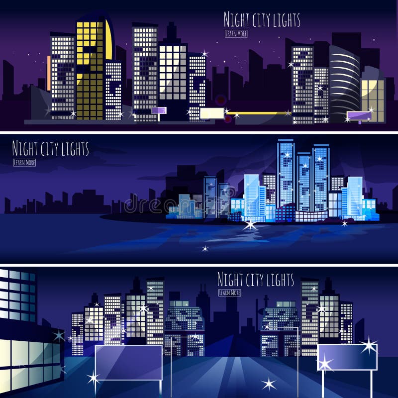 City Nightcape 3 Banners Set Stock Vector - Illustration of building ...