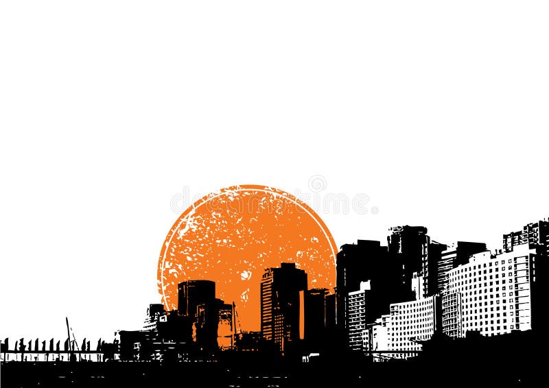 City with Orange Sun. Vector Stock Vector - Illustration of orange ...