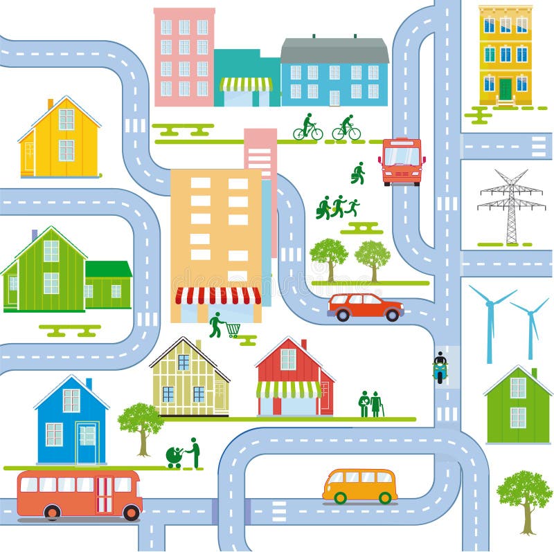 City Overview with Traffic and Houses, Illustration Stock Vector ...