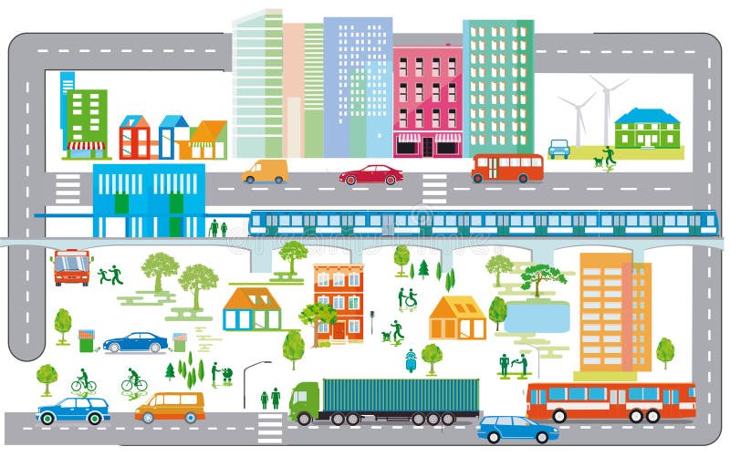 City Overview with Traffic and Houses, Information Illustration - Stock ...