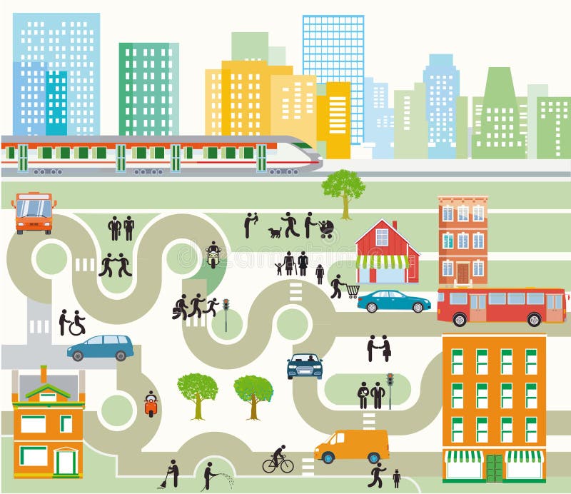 City Overview with Traffic and Houses, Information Illustration- Stock ...