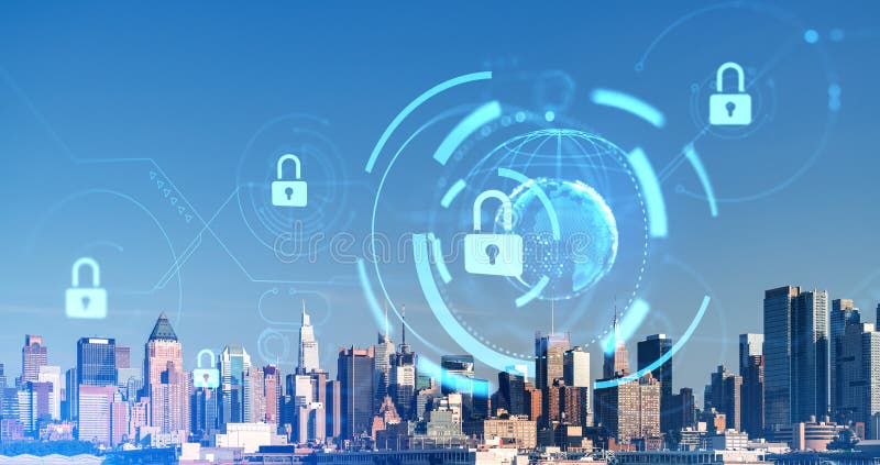 City Panorama with Cybersecurity Interface Stock Image - Image of ...
