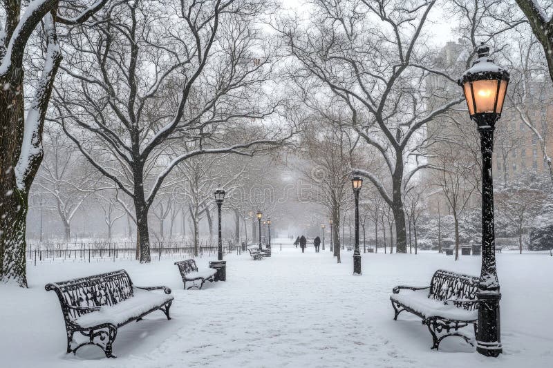 A City Park Blanketed in Snow with Bare Trees Stock Photo - Image of ...