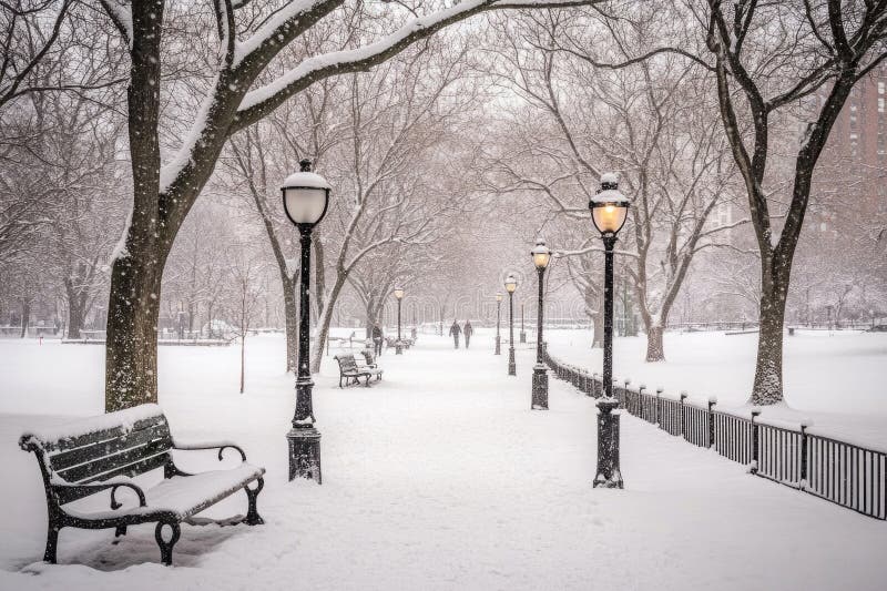 A City Park Blanketed in Snow with Bare Trees Stock Photo - Image of ...