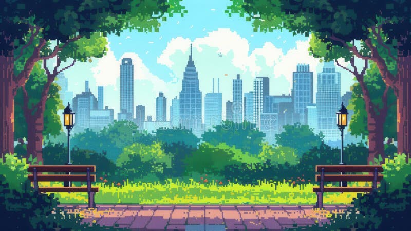 City Park Flat Design Front View Urban Greenery Theme Pixel Art ...