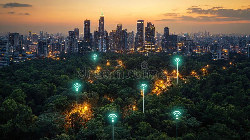 City Park at Twilight with Wireless Network Infrastructure. Wireless ...