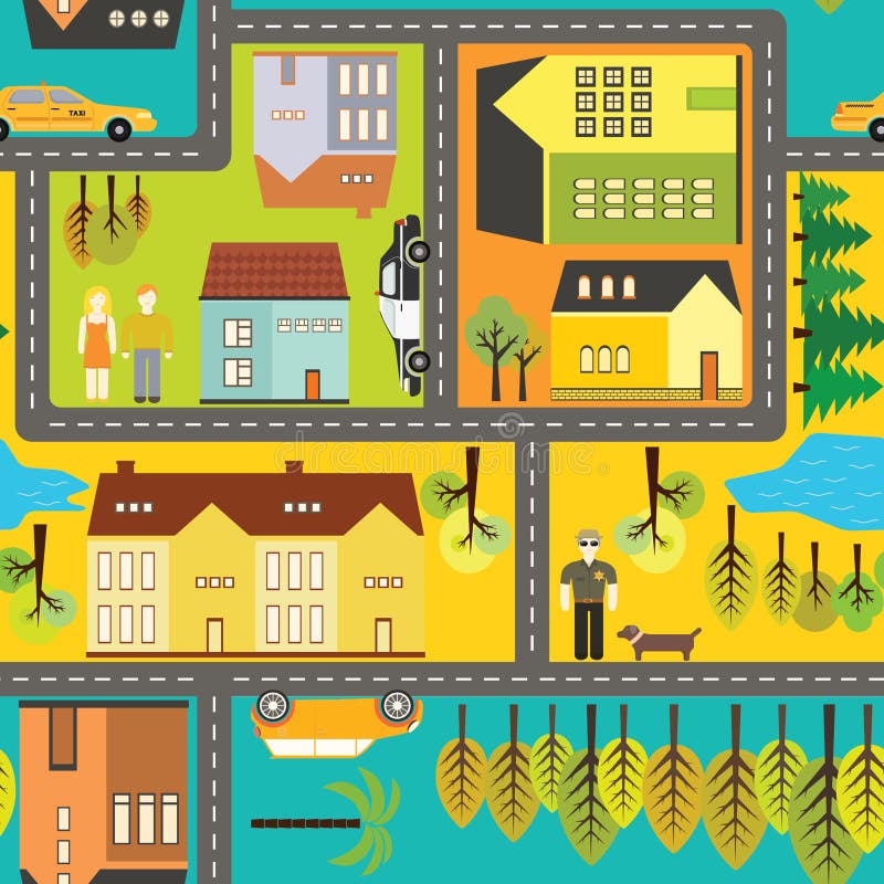Cartoon Map Pattern of Small Town. Stock Vector - Illustration of ...