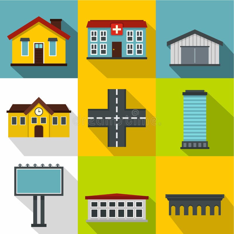 City Public Buildings Icons Set, Flat Style Stock Vector - Illustration ...