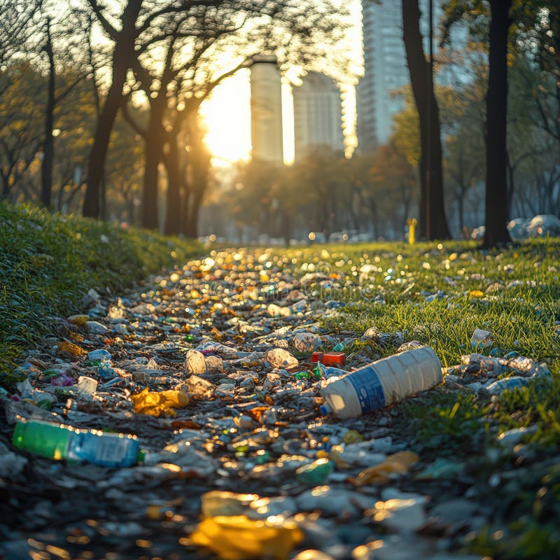 A City Public Park Covered in Trash and Plastic Waste Stock ...
