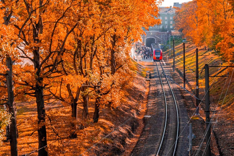 City Railway Station with Electric Train on the Platform. Fall ...