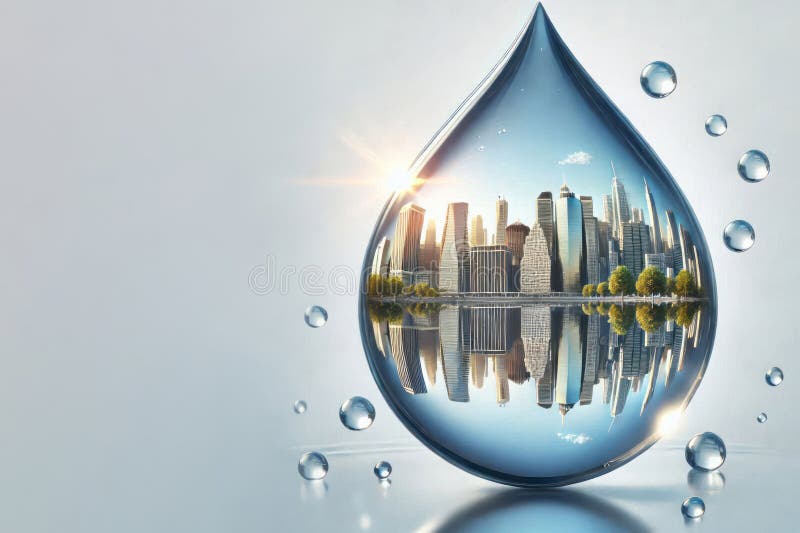 The City is Reflected Inside a Drop of Water. Space for Text. Stock ...