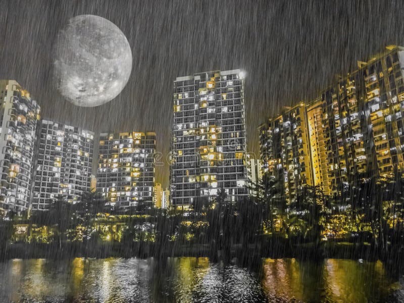 Bright Moon Shining Over the City by the River in the Rain Stock Image ...