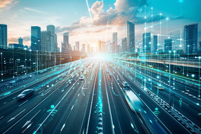 City Road with Digital Effects, Futuristic Concept. Stock Image - Image ...