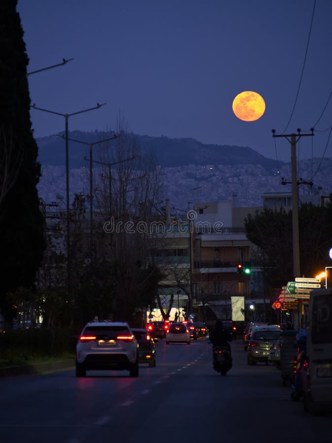 City Road Traffic Under Full Moon Stock Image - Image of twilight ...