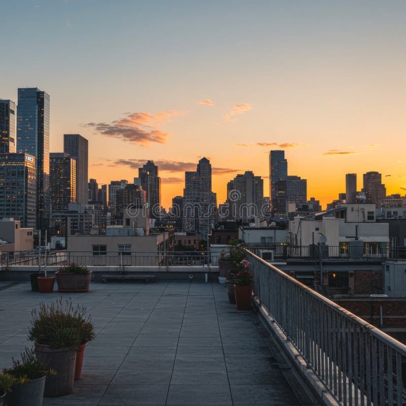 City Rooftop Sunset View with Skyline and Buildings Stock Illustration ...