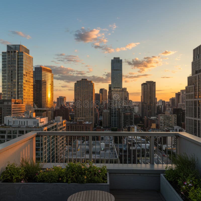 City Rooftop Sunset View with Skyscrapers Stock Illustration ...