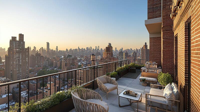 City Rooftop Terrace with Panoramic Views Stock Illustration ...