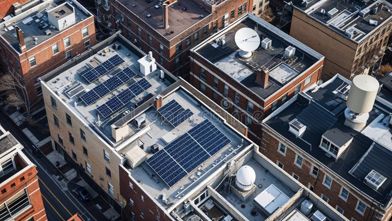 City Rooftops Viewed from Above with Solar Panels, Vents, and Satellite ...