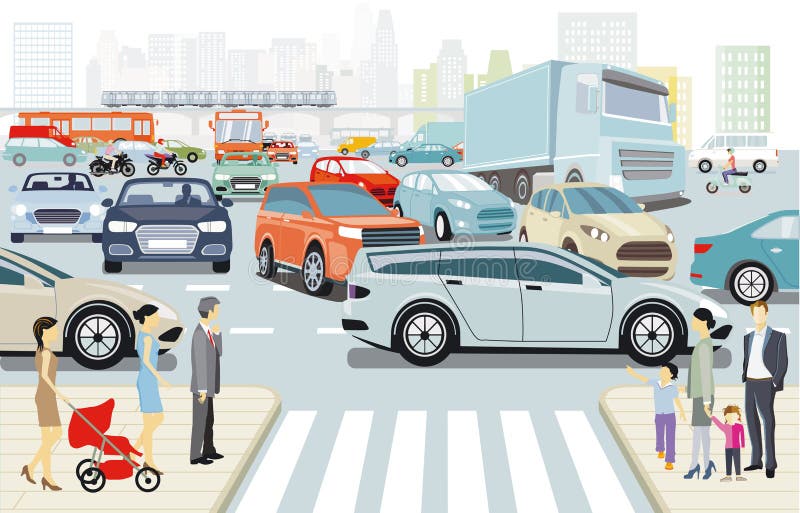 City in Rush Hour with an Intersection in Traffic Jam and Public ...