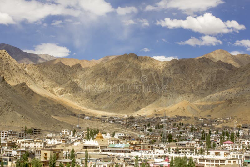 A City in a Sandy Valley with Mountains and Blue Sky Stock Image ...