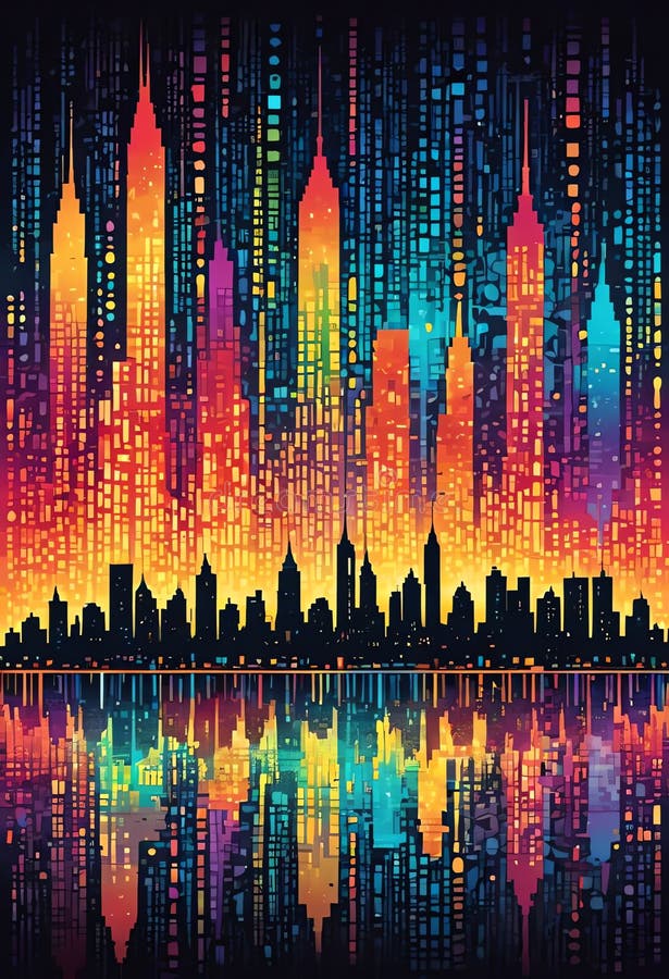 City Scape Illustration with Colorful Binary Code Background Stock ...