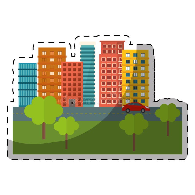 City Scene and Buildings with Trees Line Sticker Stock Illustration ...