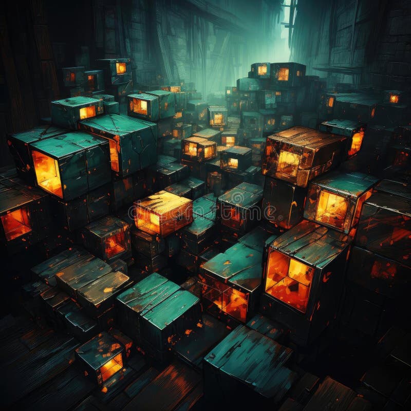 City Scenes with Stacked Crates and Glowing Lights in Intense Textures ...