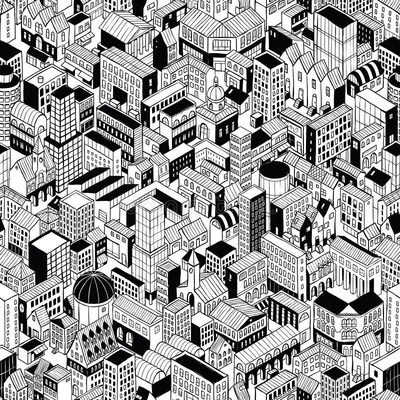 City Seamless Pattern in Balck and White Stock Vector - Illustration of ...