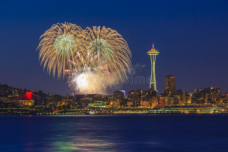City of Seattle and Fireworks Stock Image - Image of building, events ...