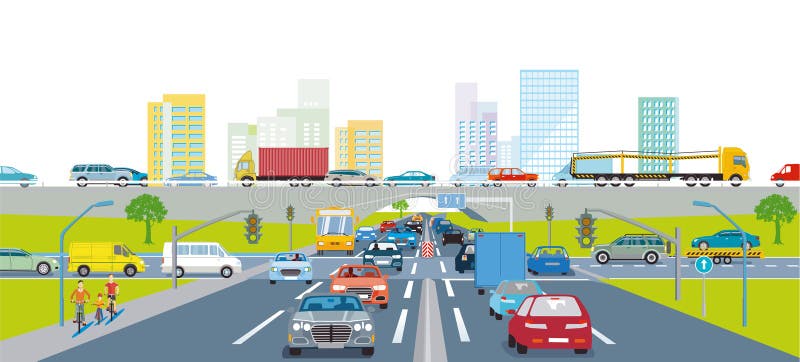 City Silhouette of a Big City with Traffic, Illustration Stock Vector ...