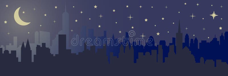 City Silhouette. Night City Silhouette with Bright Moon and Stars in ...