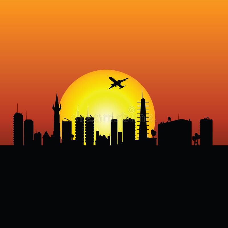 City Silhouette with Sunshine and Plane Vector Stock Vector ...