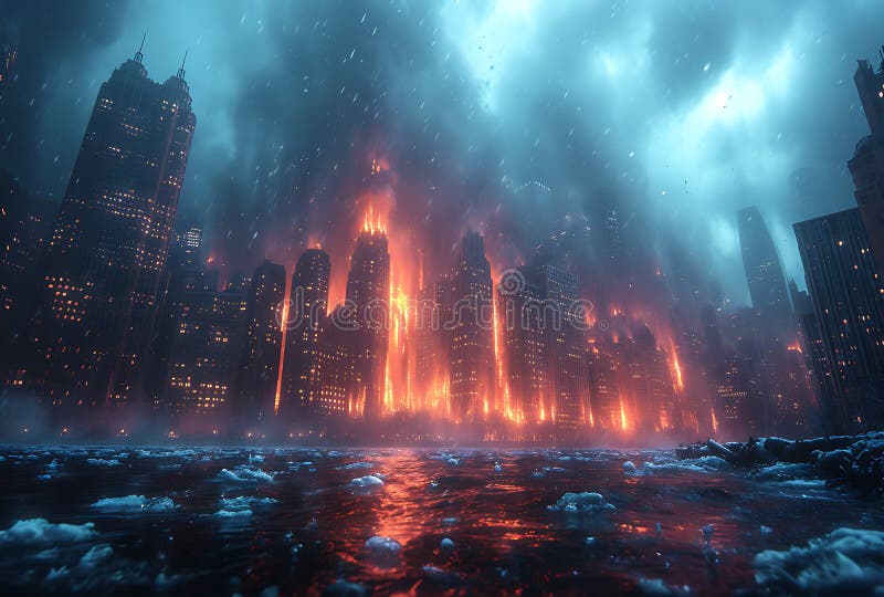 City Skyline Ablaze with Fire, AI-generated. Stock Illustration ...