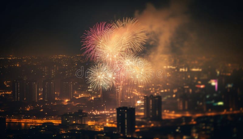 City Skyline Ablaze with Vibrant Firework Display Generated by AI Stock ...