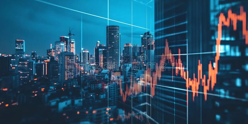 City Skyline with Abstract Financial Data Visualization at Night Stock ...
