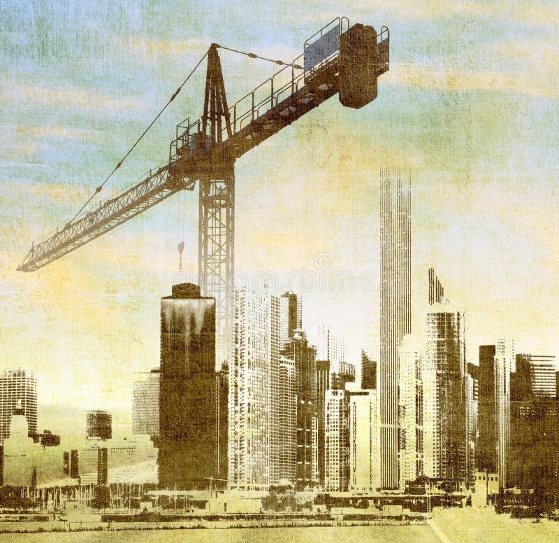 City Skyline with Big Crane Stock Illustration - Illustration of town ...