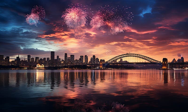 City Skyline with Bridge and Fireworks Stock Photo - Image of night ...