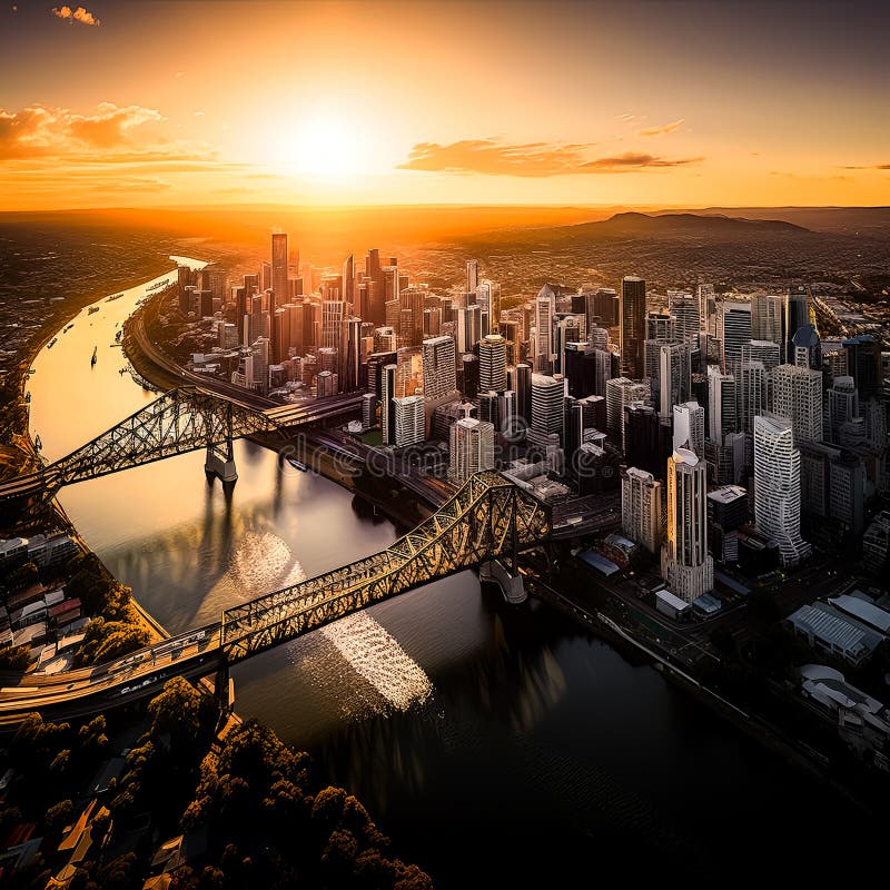 A City Skyline with a Bridge Over a River and the Sun Setting in the ...
